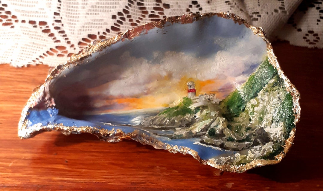 Howth Lighthouse Sunrise Seascape Oil Painting on Oyster Shell - Etsy