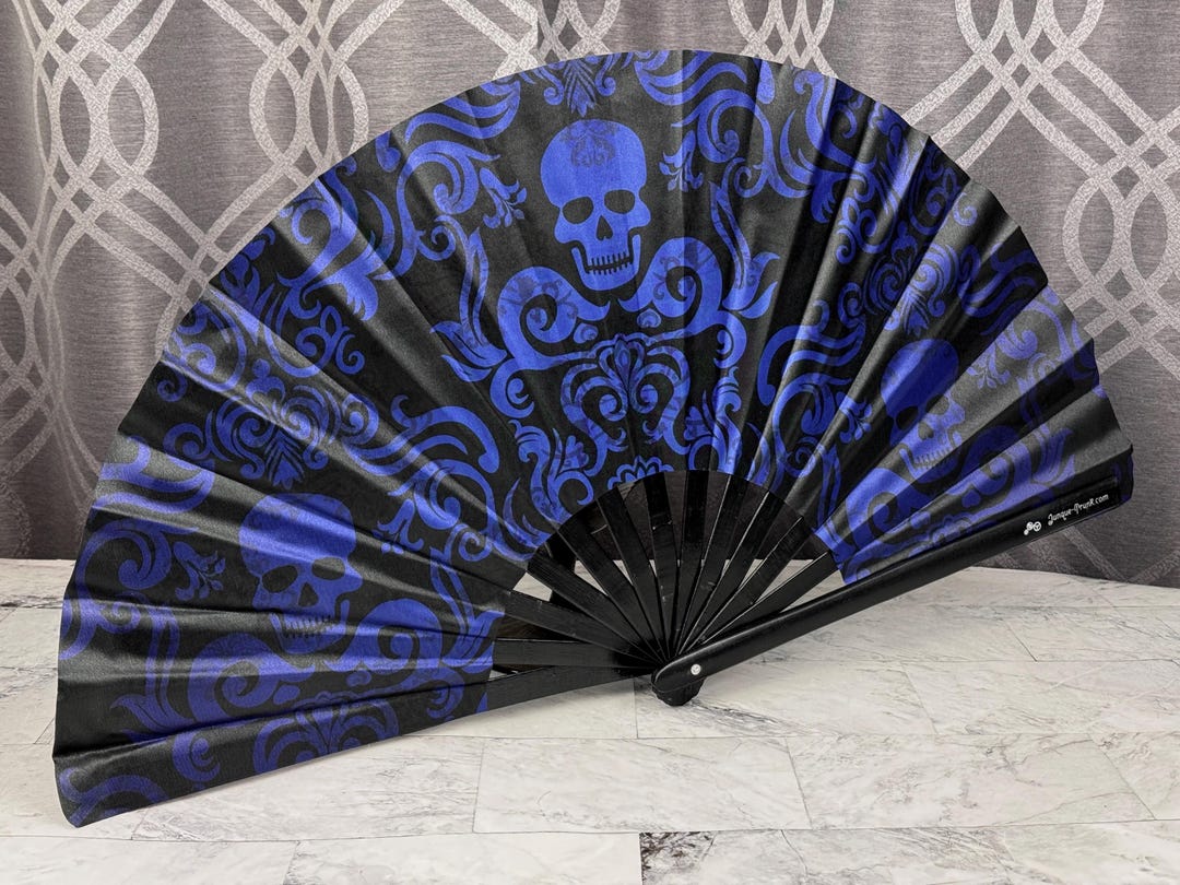 Black and Blue Skull Damask Pattern on a Large Clack Fan Designed by ...