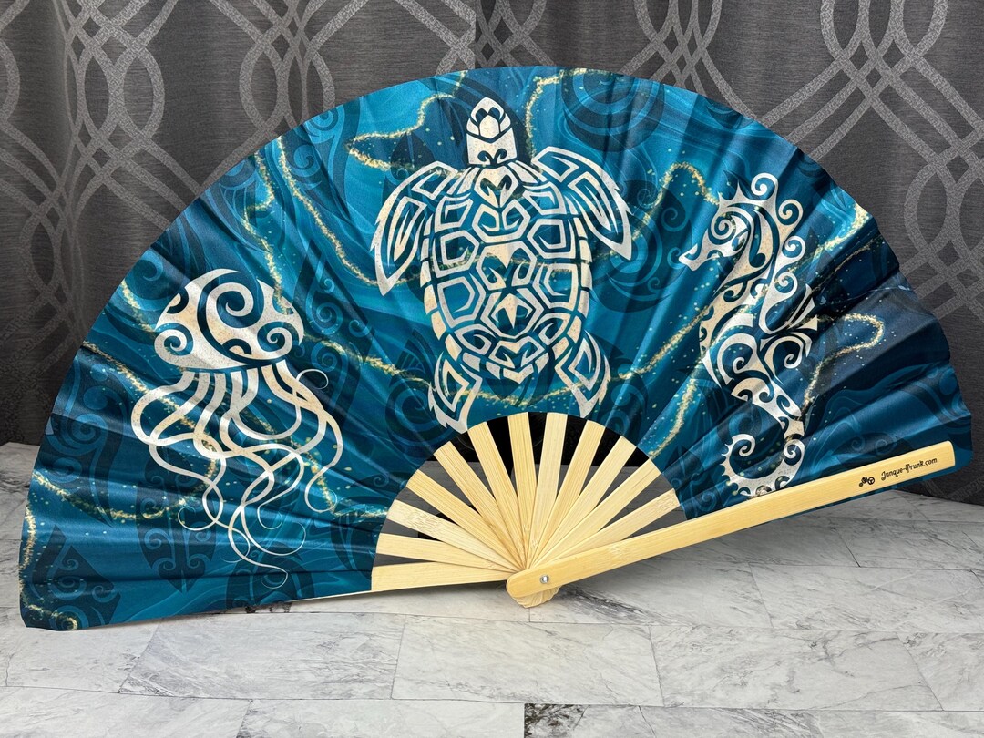 Sea Creatures, Sea Turtle, Sea Horse, Jellyfish on a Large Clack Fan ...