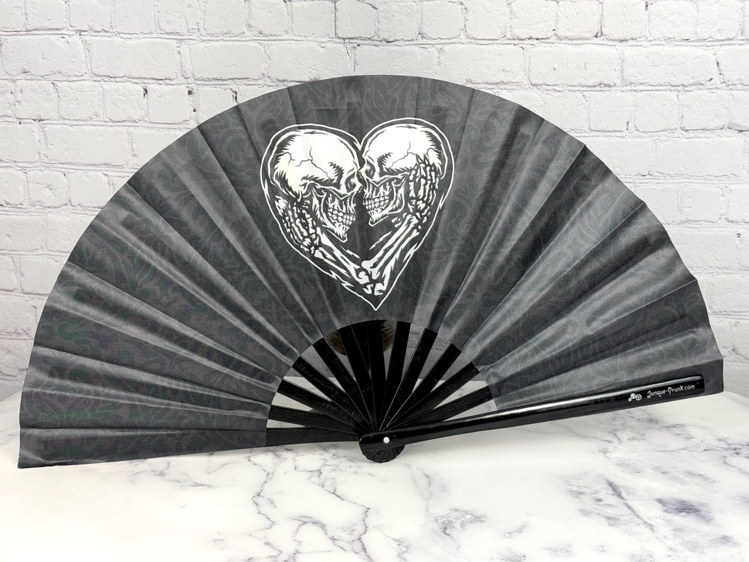 Black Pattern With Skeletons Hugging in a Heart on a Large Clack Fan ...