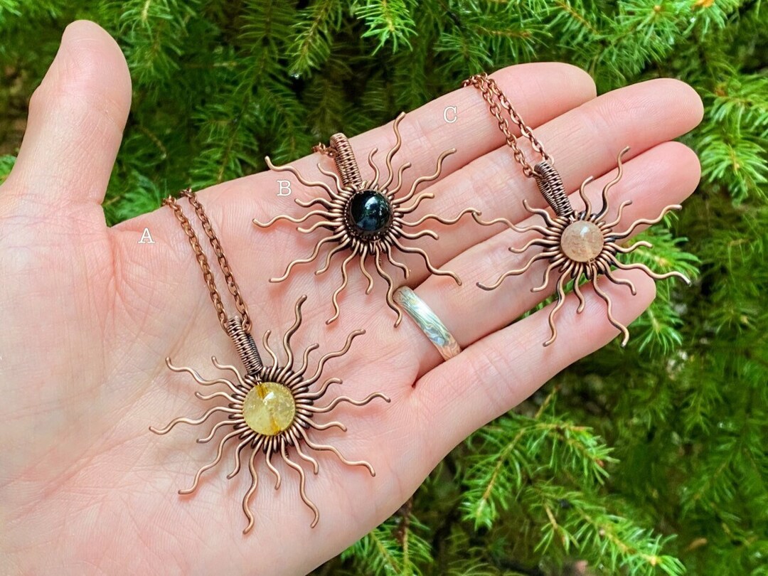 SUN Necklace Citrine Black Jade Sunstone Copper Wire Wrapped - Etsy