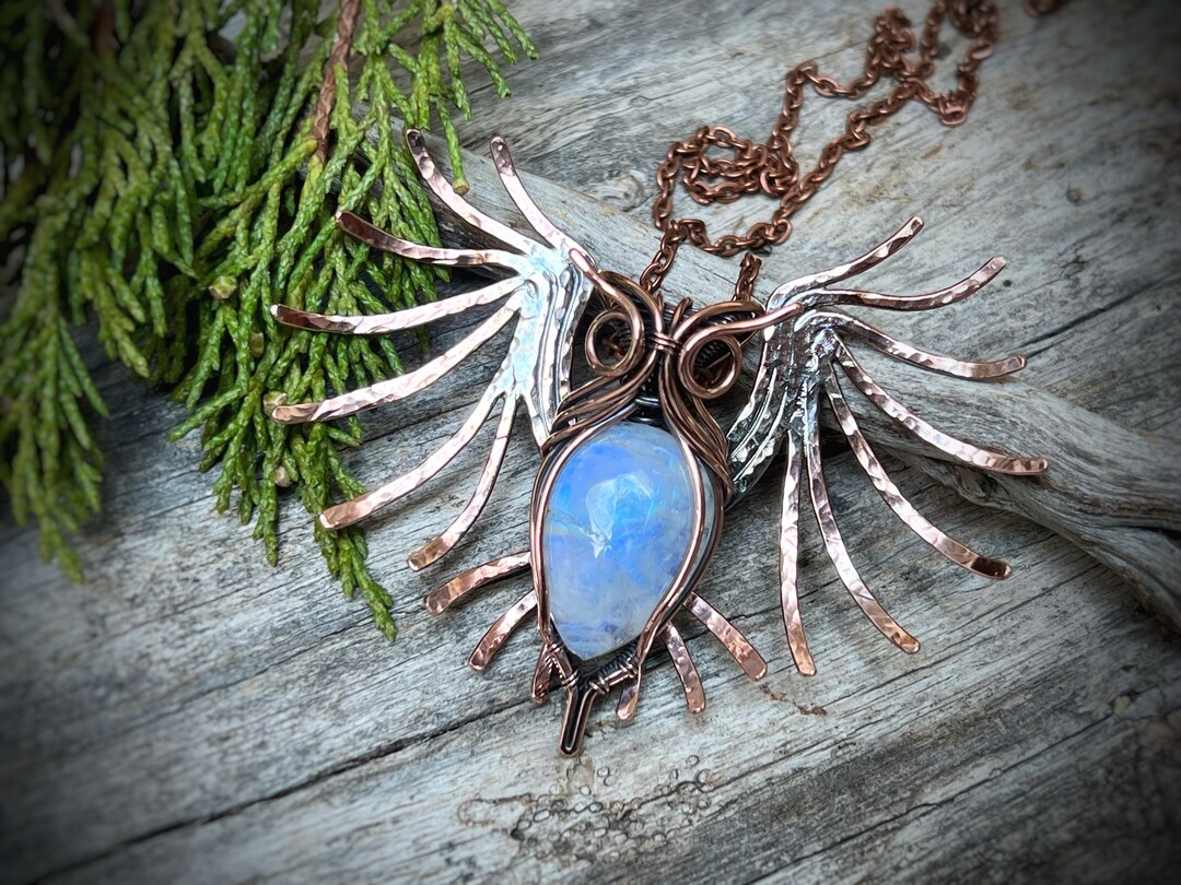 OWL Necklace Moonstone Copper Wire Wrapped Pendant Nickel Free Necklace ...