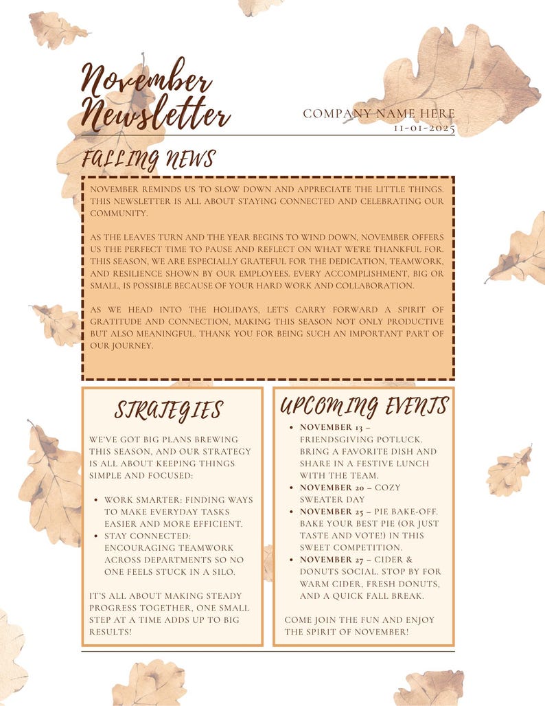 Fall Newsletter Template | Editable Canva Design for Employee, School ...