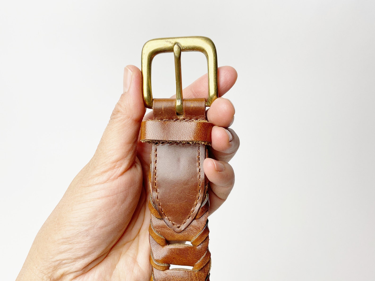 Vintage Braided Brown Leather Belt Brass Buckle 1.25 Wide 42 Long Size ...