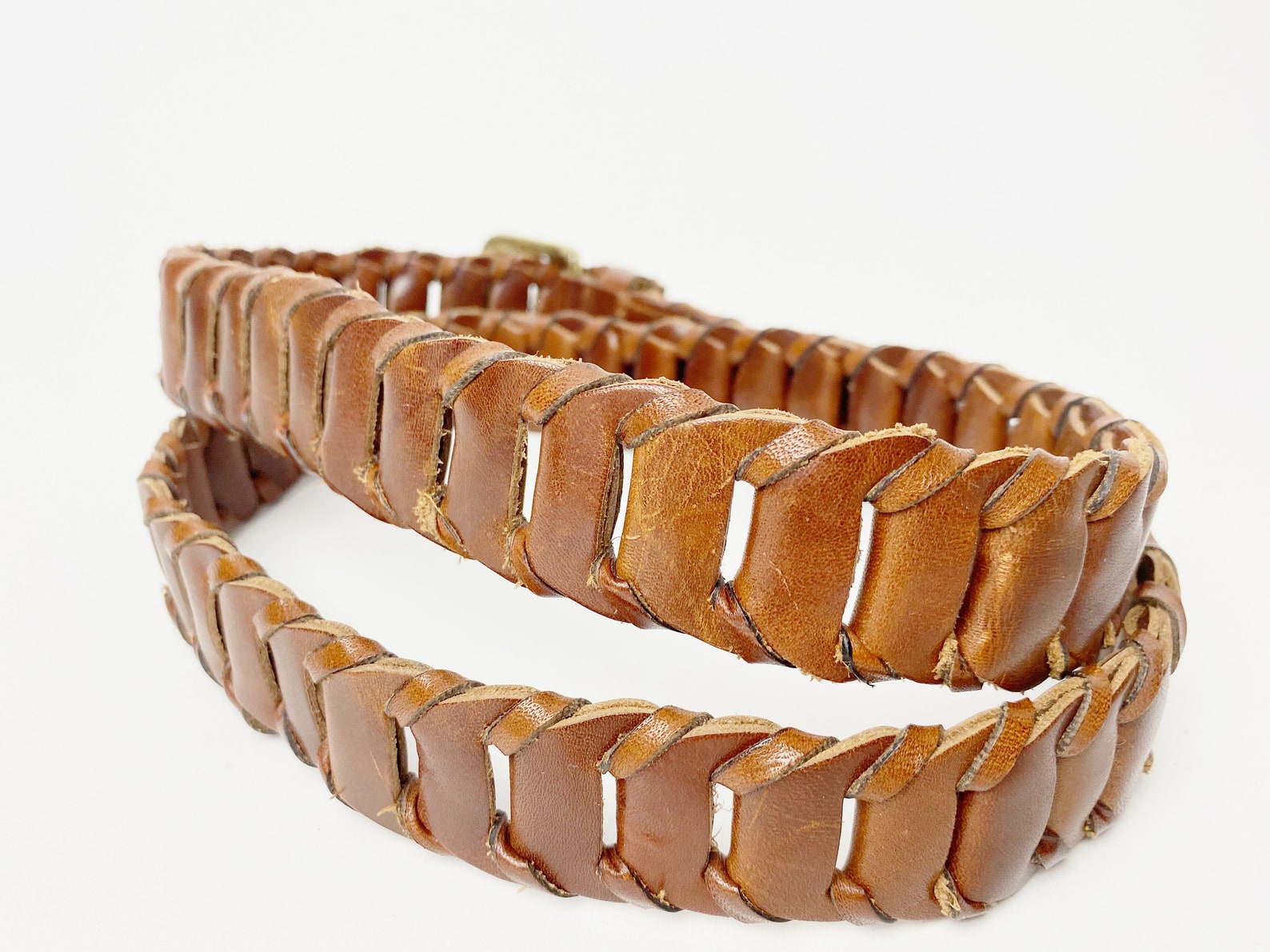Vintage Braided Brown Leather Belt Brass Buckle 1.25 Wide 42 Long Size ...