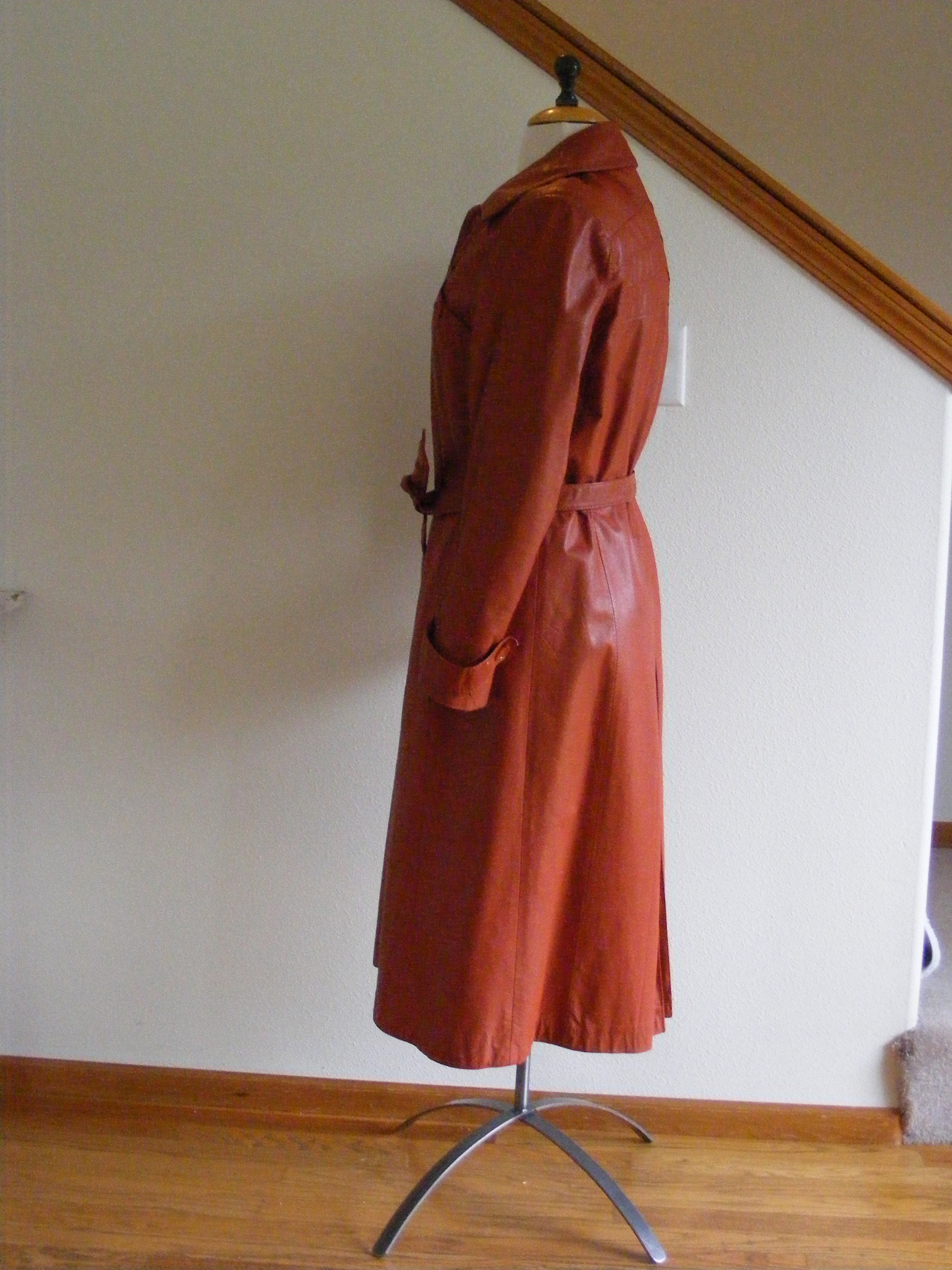 1970s Belted Leather Trench Coat Jacket / 70s Rust Brown Trench Coat ...