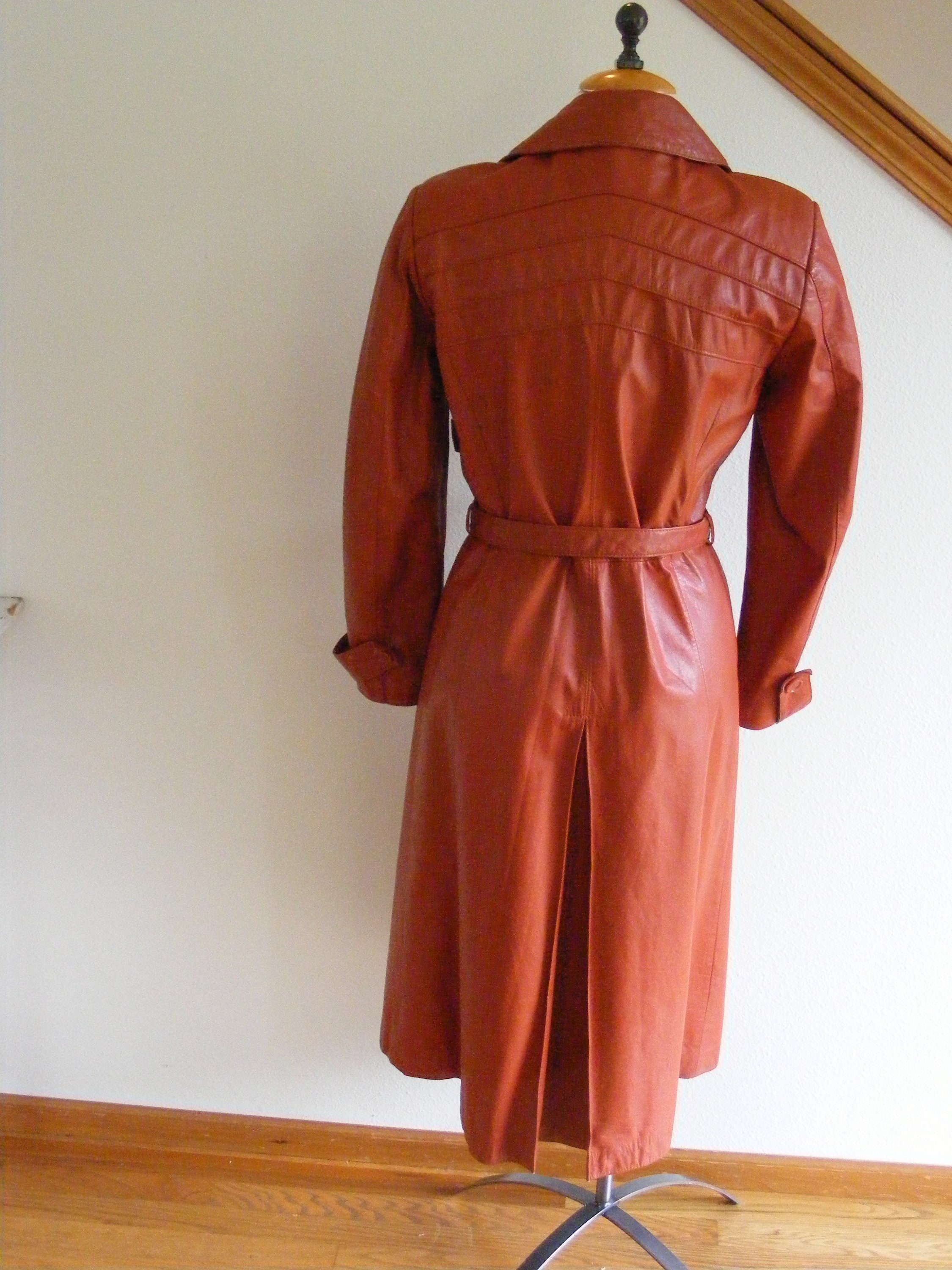 1970s Belted Leather Trench Coat Jacket / 70s Rust Brown Trench Coat ...