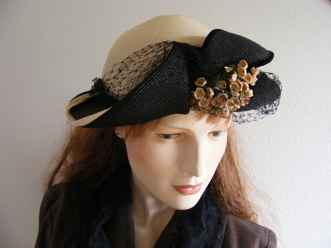 Vintage 1940s 40s Hat // Black & White Finely Woven Straw Hat // Great ...