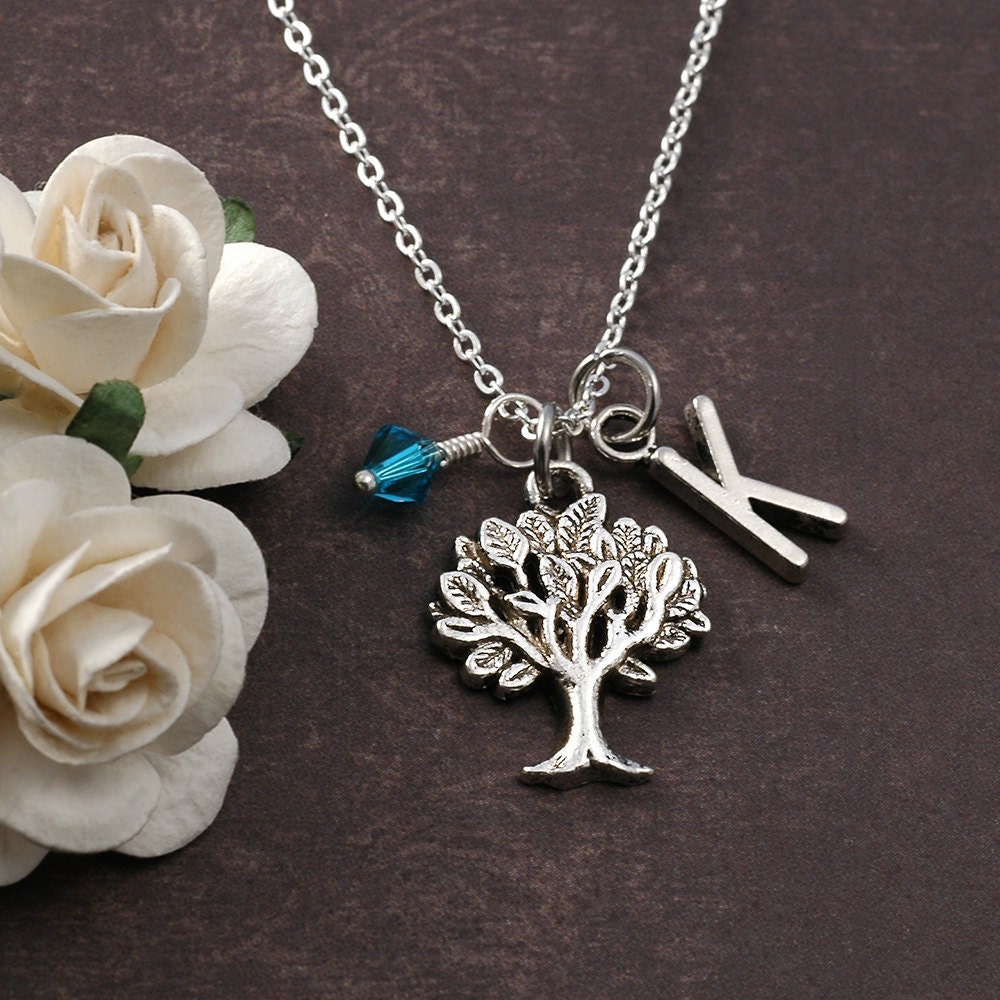 Family Tree Necklace Initial Birthstone Silver Tree Jewelry - Etsy