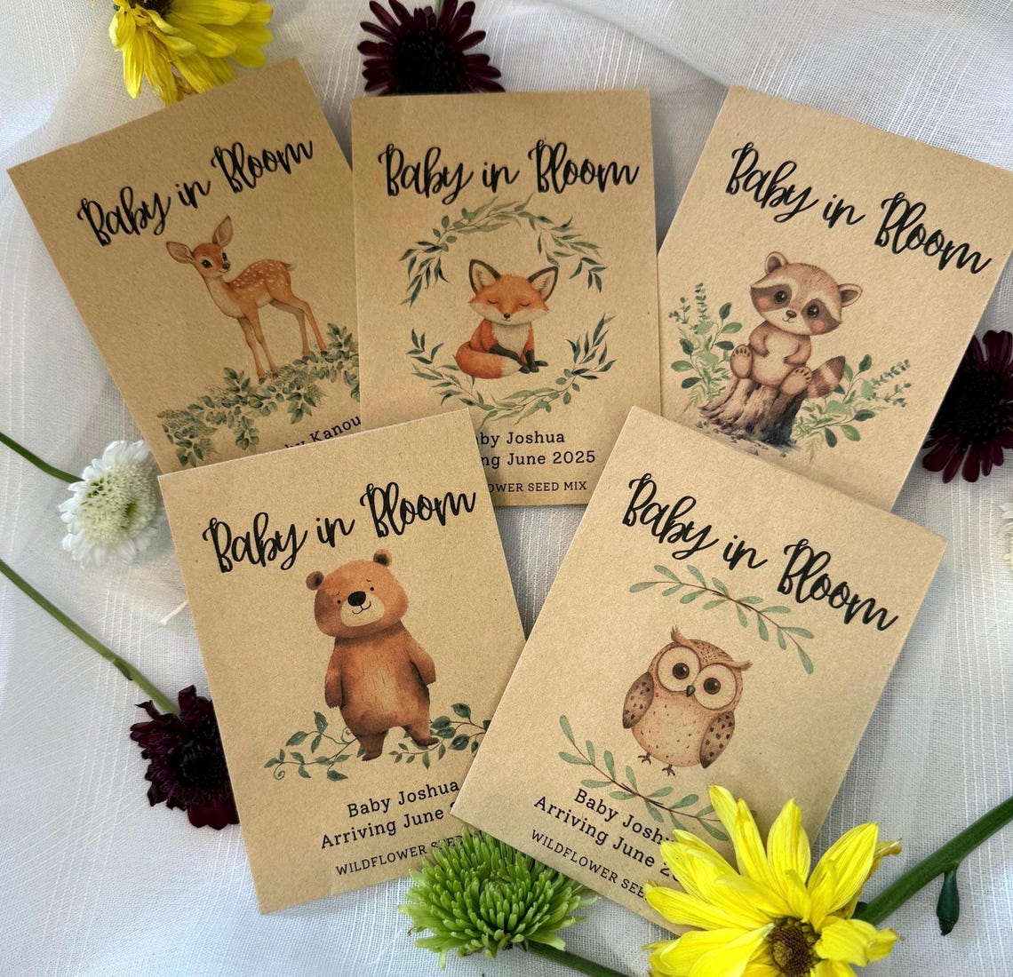 Woodland Animal Wildflower Seed Packet Favors for Baby Shower, Custom ...