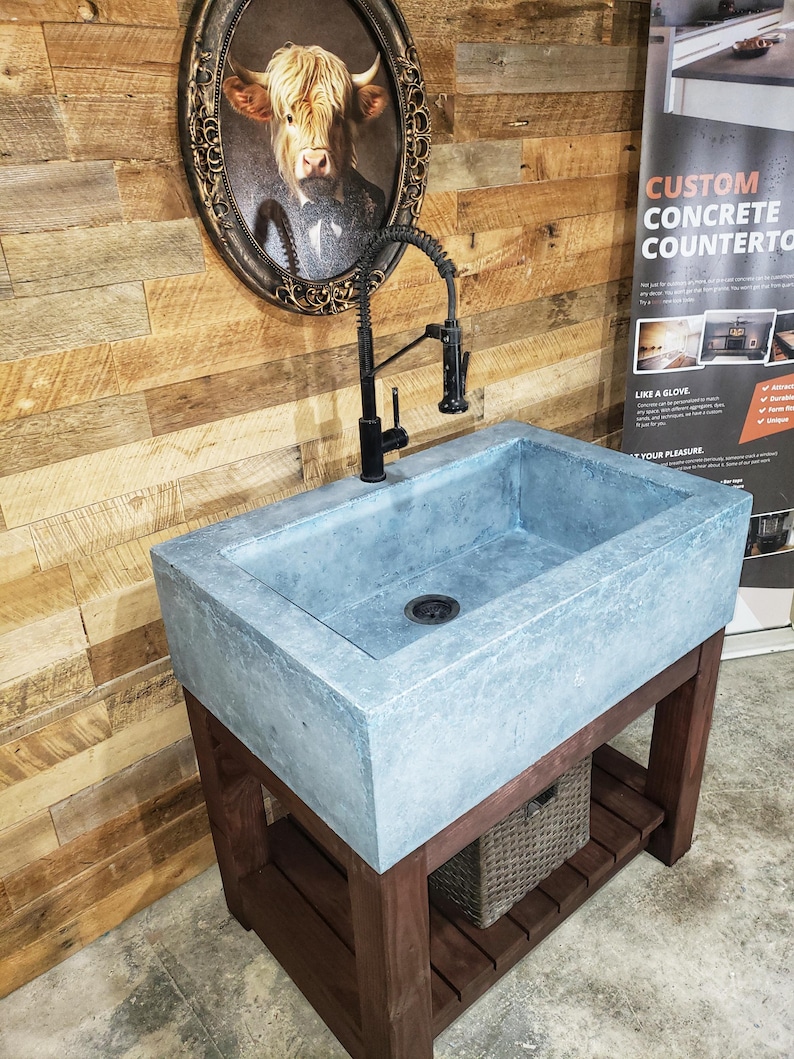 Concrete Farmhouse Sink (light Blue) With Dark Walnut Stained Base ...
