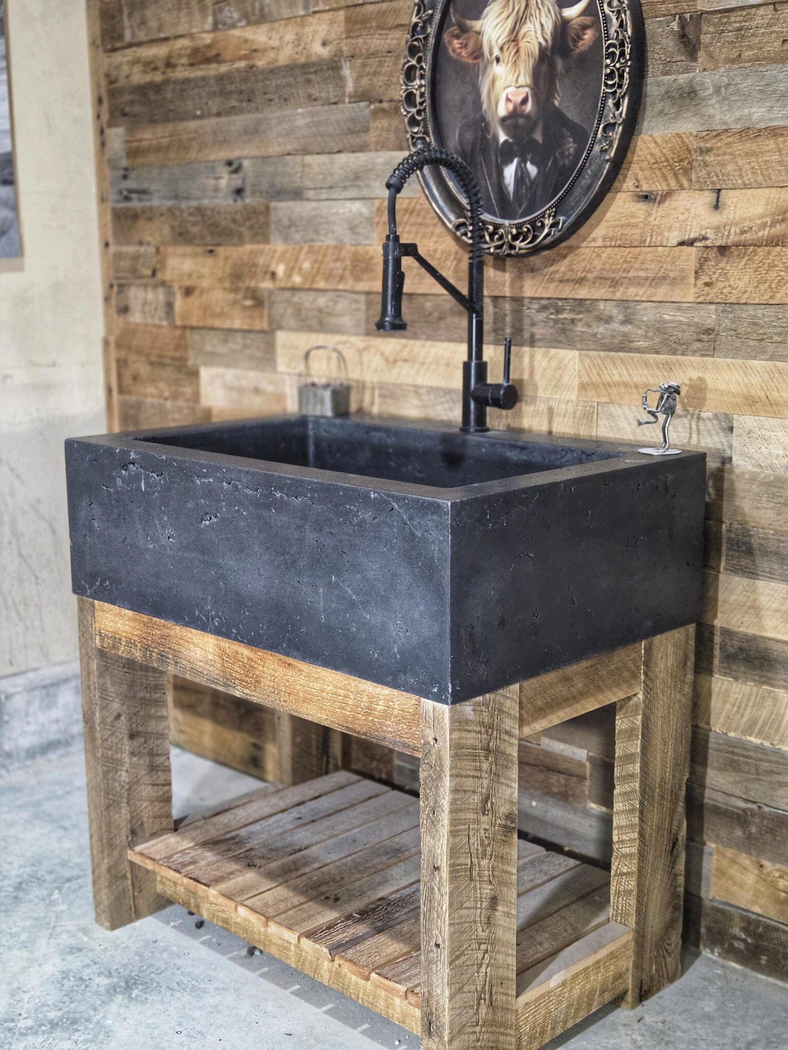 Concrete Farmhouse Sink Raw Edition (black)w/ Reclaimed Barnwood Base ...
