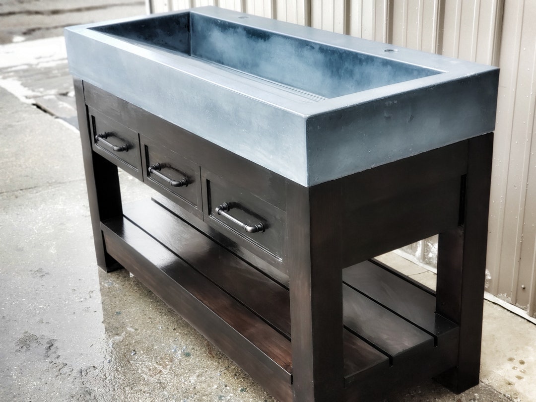 Concrete Vanity Slot Drain Sink With Wood Base - Etsy