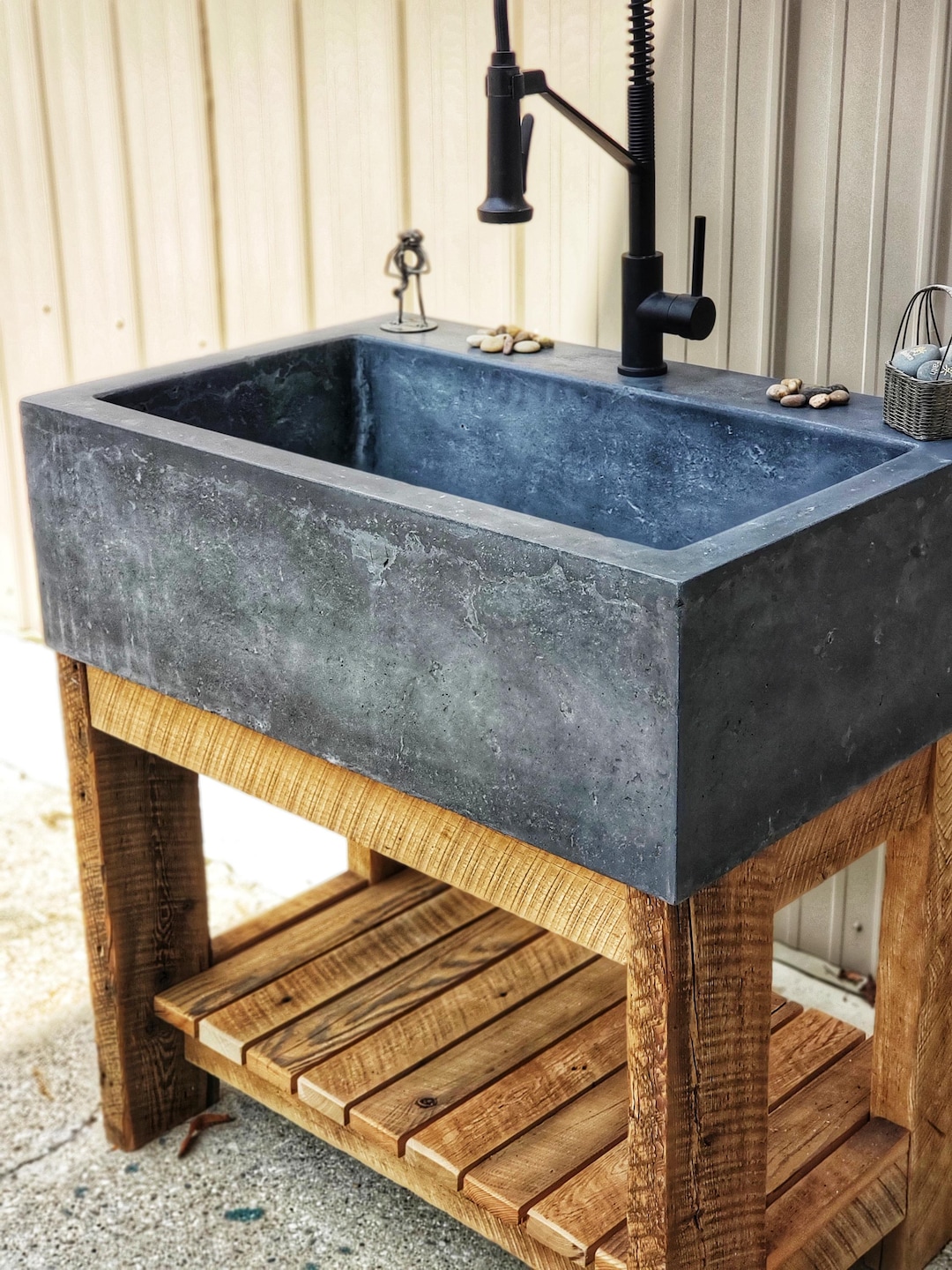Dark Blue/gray Slate Concrete Farmhouse Sink W/ Reclaimed Wood Base. - Etsy