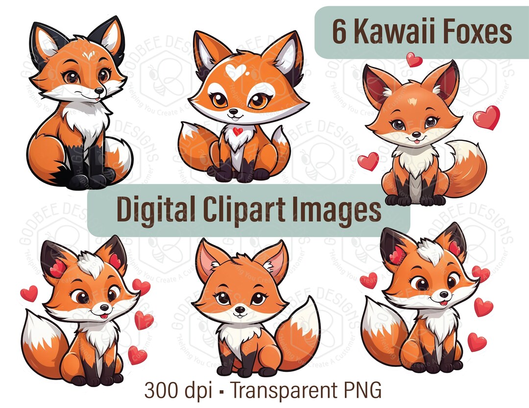 Cute Kawaii Fox Clipart, Digital Download, Valentine's Day, Animals ...