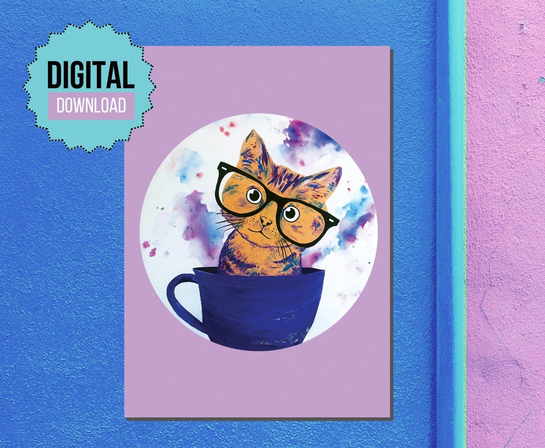 Cute Cat Greeting Card, Printable Cat Card, Digital Animal Card, Teacup ...