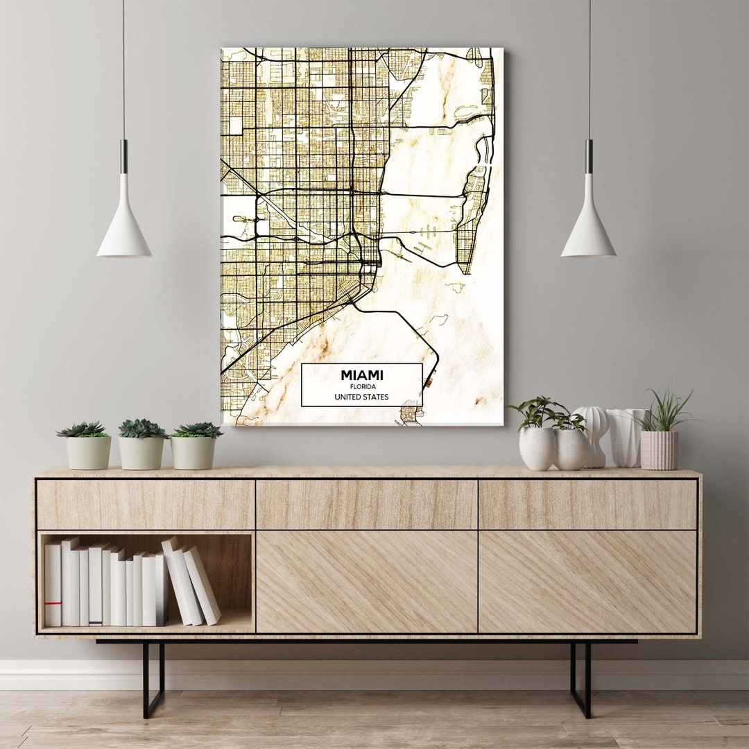 Custom Map Art / Ready to Hang Marble Canvas Art / Miami Map Marble ...