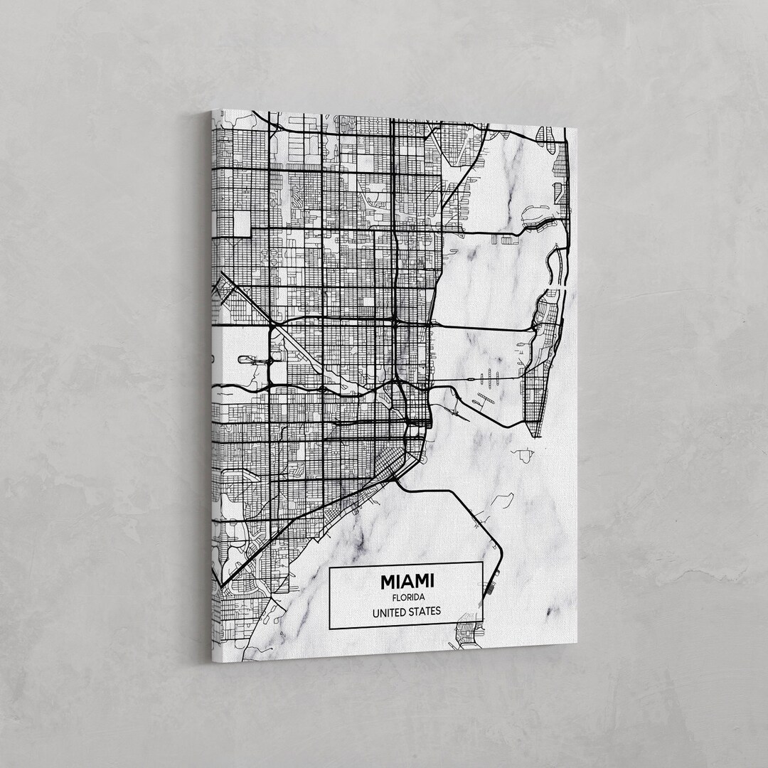 Miami Map Art / Ready to Hang Marble Canvas Art / Miami Map - Marble ...