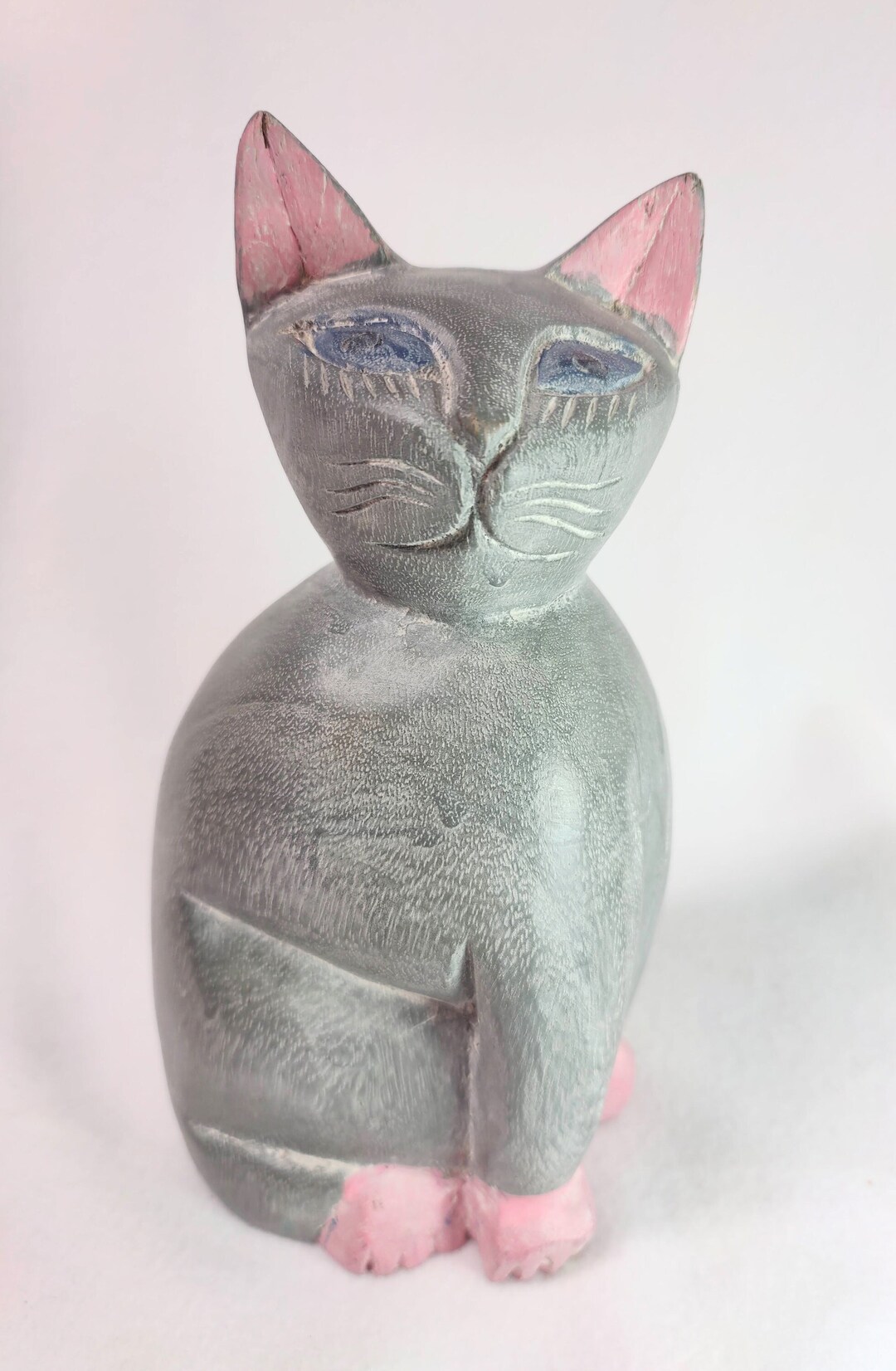 Siamese Cat Blue Eyed Egyptian Style Cat Gray Waxed Finish Carved Wood 10 Inches Tall Cat Lovers