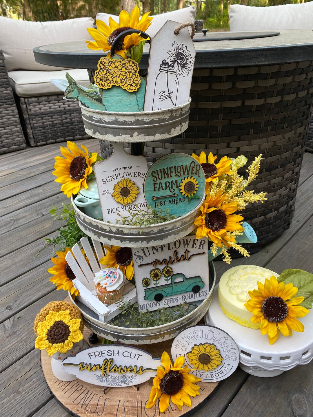 Sunflower Summer Tier Tray Set, Sunflower Farmhouse, Sunflower Decor ...