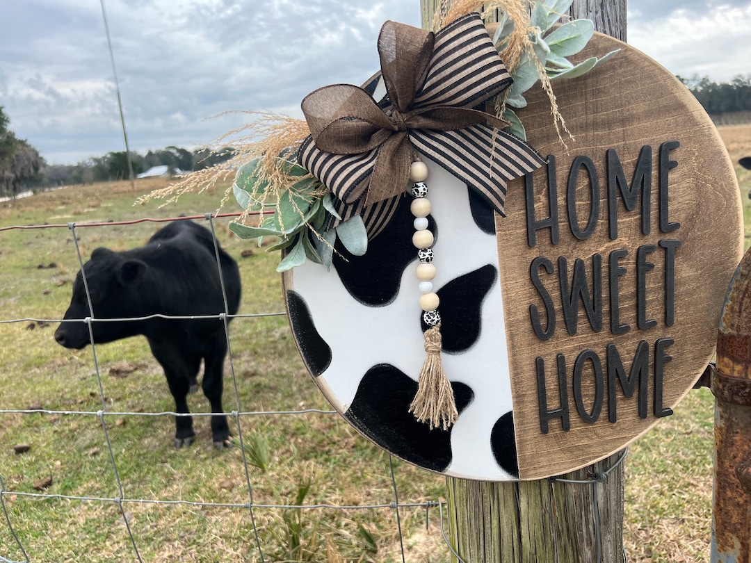 Home Sweet Home Cow Print Door Sign / Farm Animal Door Hanger / Porch ...