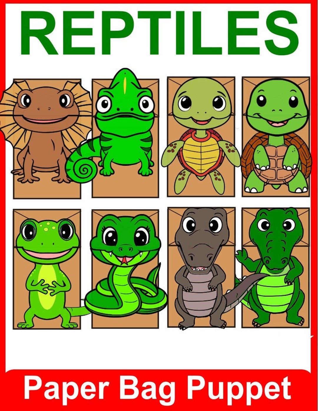 Reptile Paper Bag Puppets Animal Printable Craft Art for Kids Coloring ...