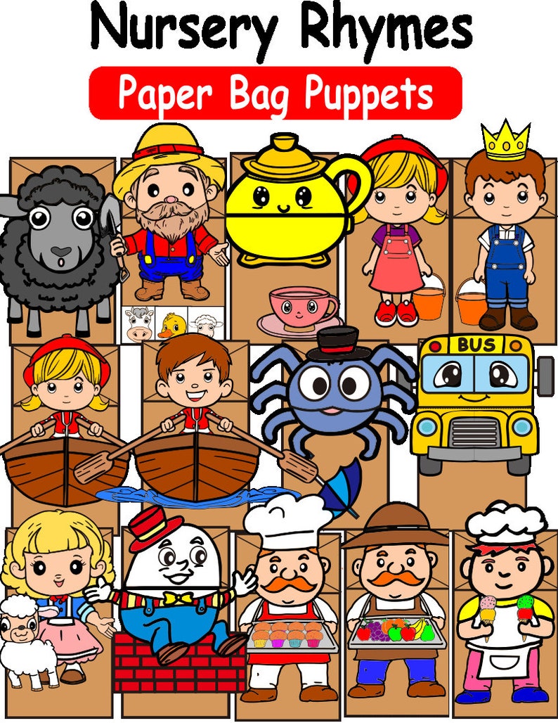 Nursery Rhymes Paper Bag Puppets Printable Craft Art for Kids Coloring ...