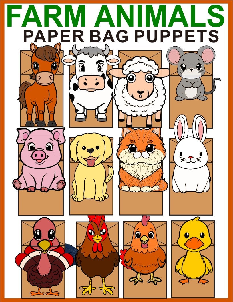 FARM Animals Paper Bag Puppets Zoo Animal Printable Craft Art for Kids ...