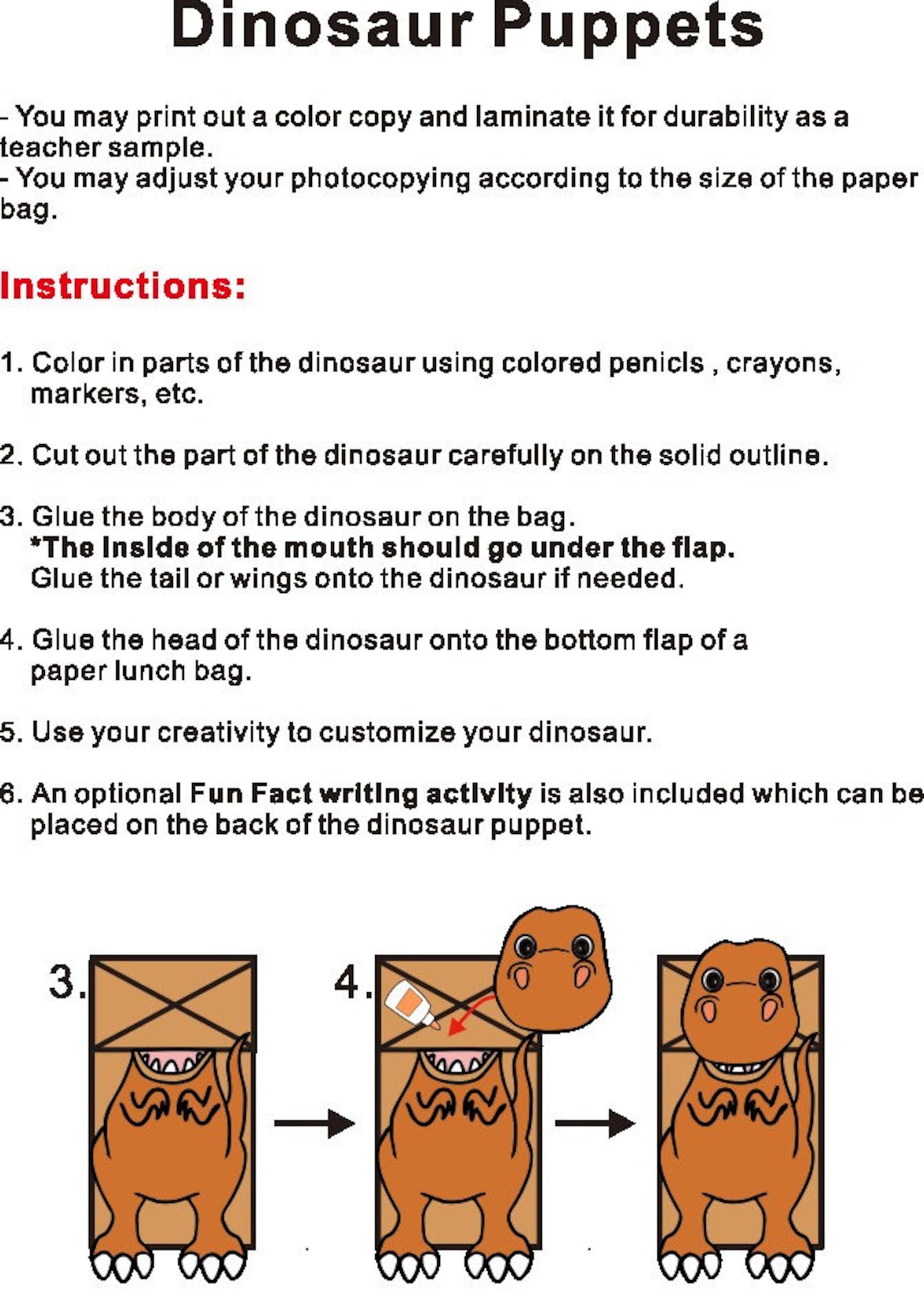 Dinosaur Paper Bag Puppet Craft for Kid Coloring Puppet Printable ...