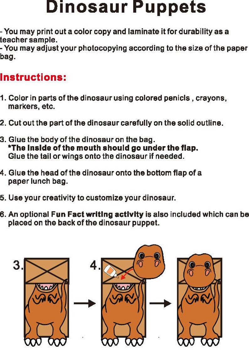Dinosaur Paper Bag Puppet Craft for Kid Coloring Puppet Printable ...