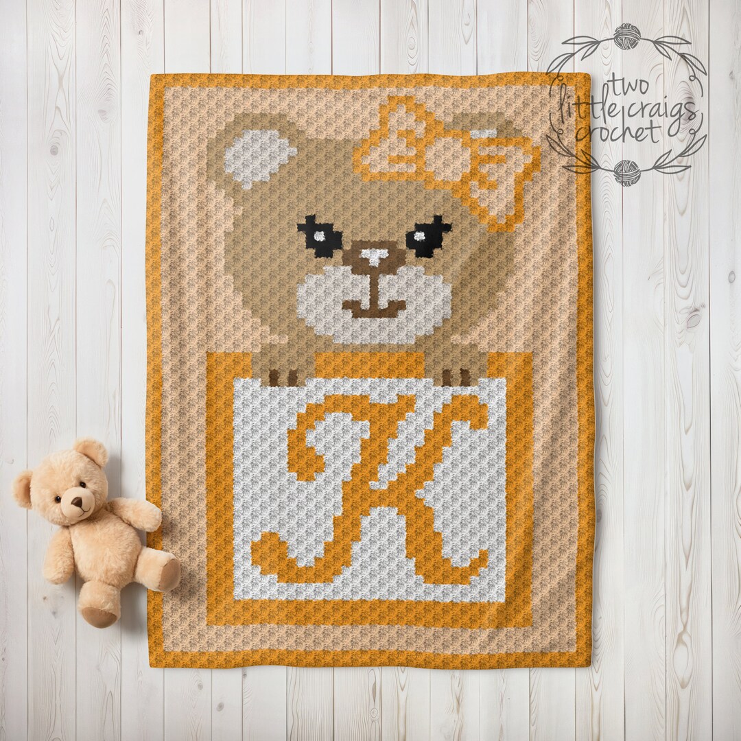 C2c K Initial Girl Bear Pattern Baby Blanket Corner to Corner Crochet Graph Toddler Woodland ...