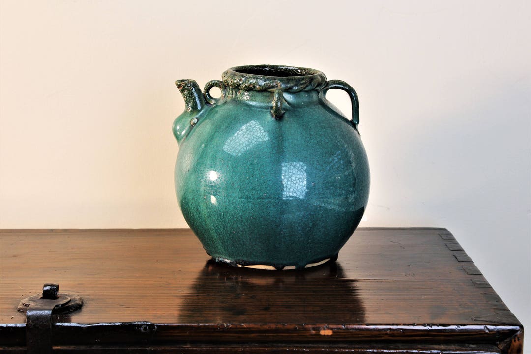 Antique Chinese Stoneware Wine Jug Jewel Tone Teal Green Glaze 19th ...