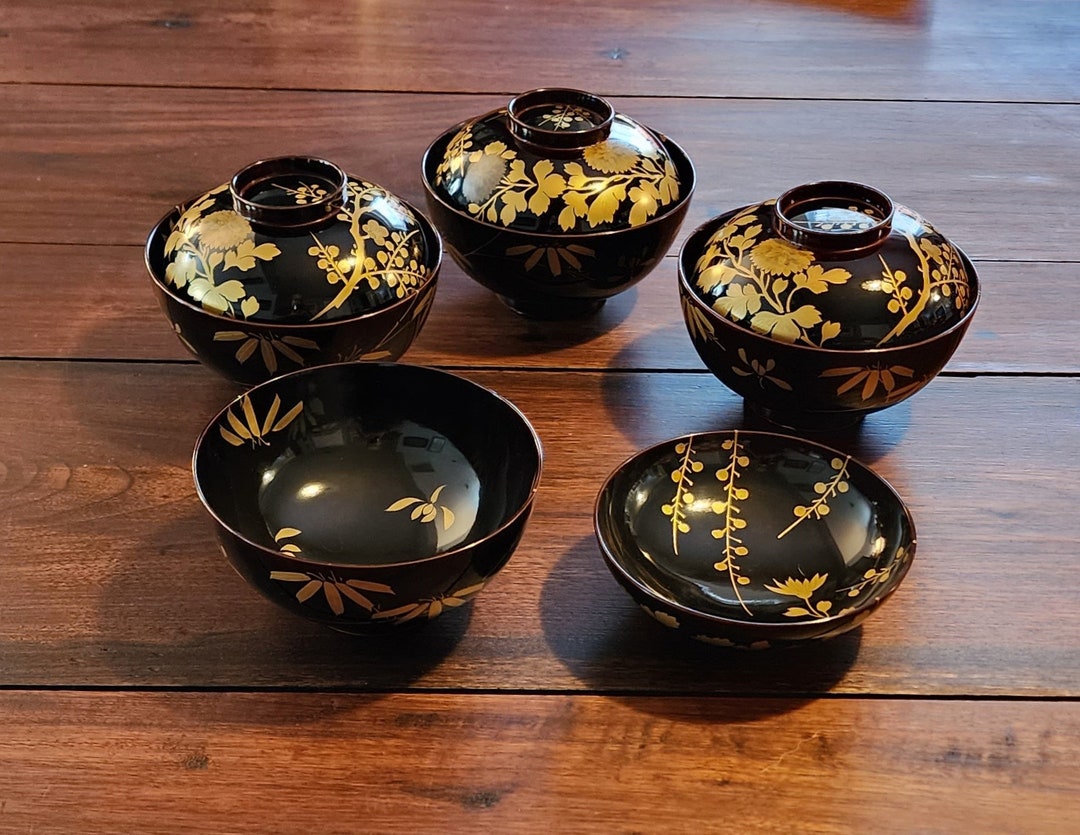 Vintage Japanese Lacquer Lidded Bowls Maki-e Decoration Four - Etsy
