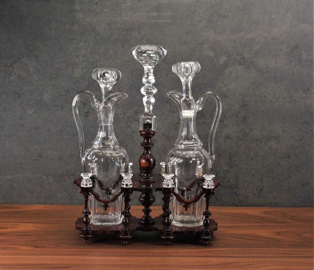 Crystal Cruet Set Wood Stand Antique 1800s - Etsy