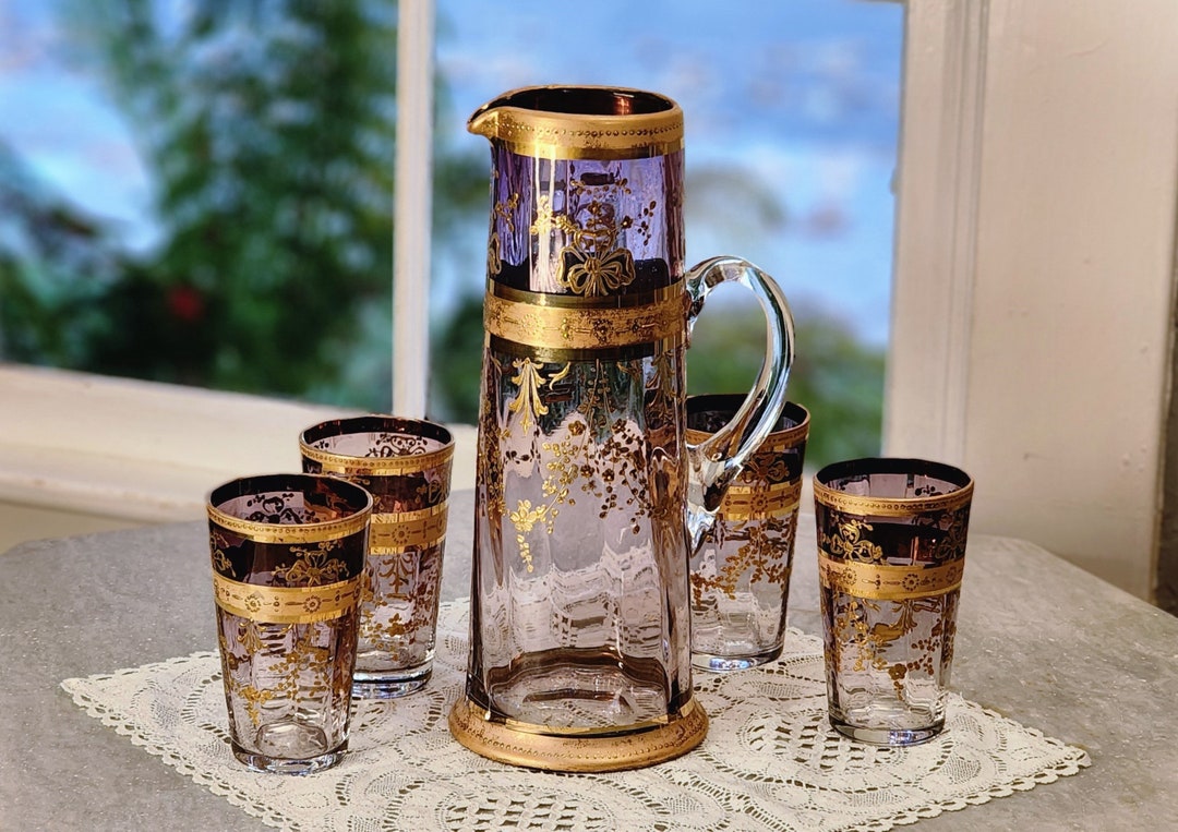 Antique Moser Purple Fade Glass Pitcher and Tumbler Set Gold Enamel ...