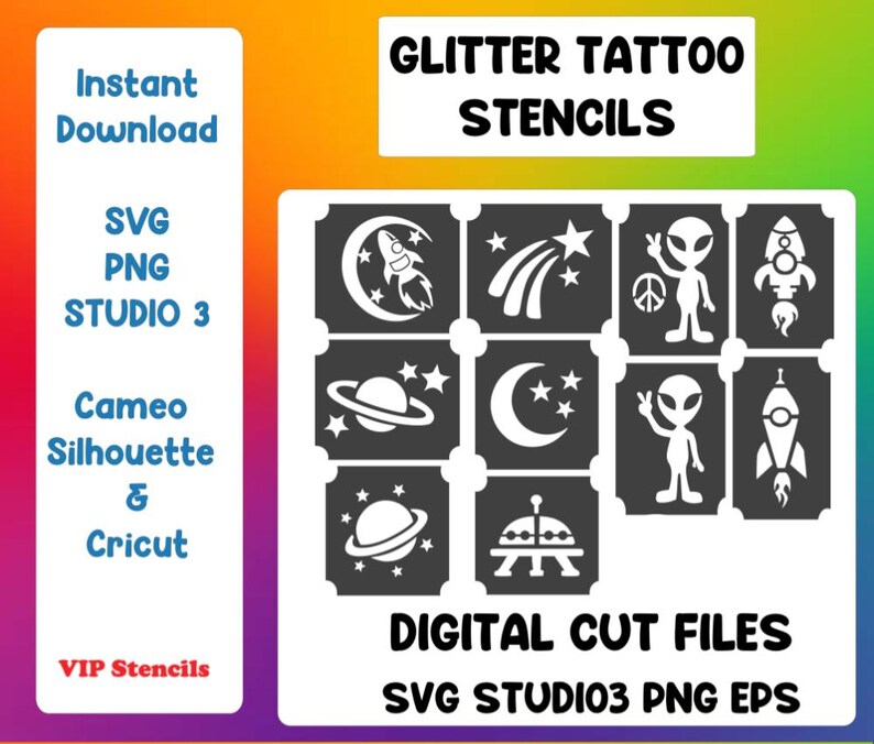 Glitter Tattoo SVG Stencil File Space Alien Moon Stars Planet Favorite Digital Plotter Cameo ...