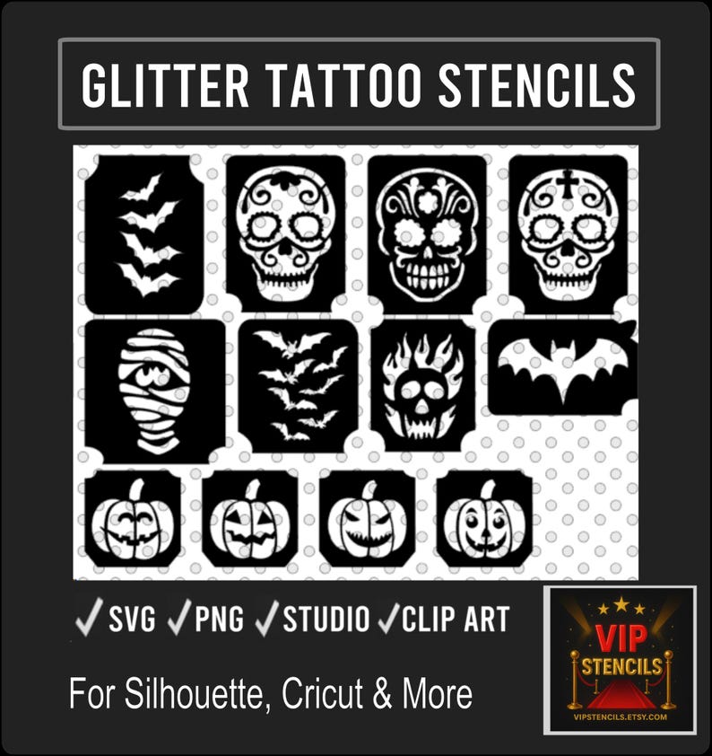 12 Halloween Glitter Tattoo Stencil SVG Sugar Skull Pumpkin Skulls Bat File Digital Plotter ...