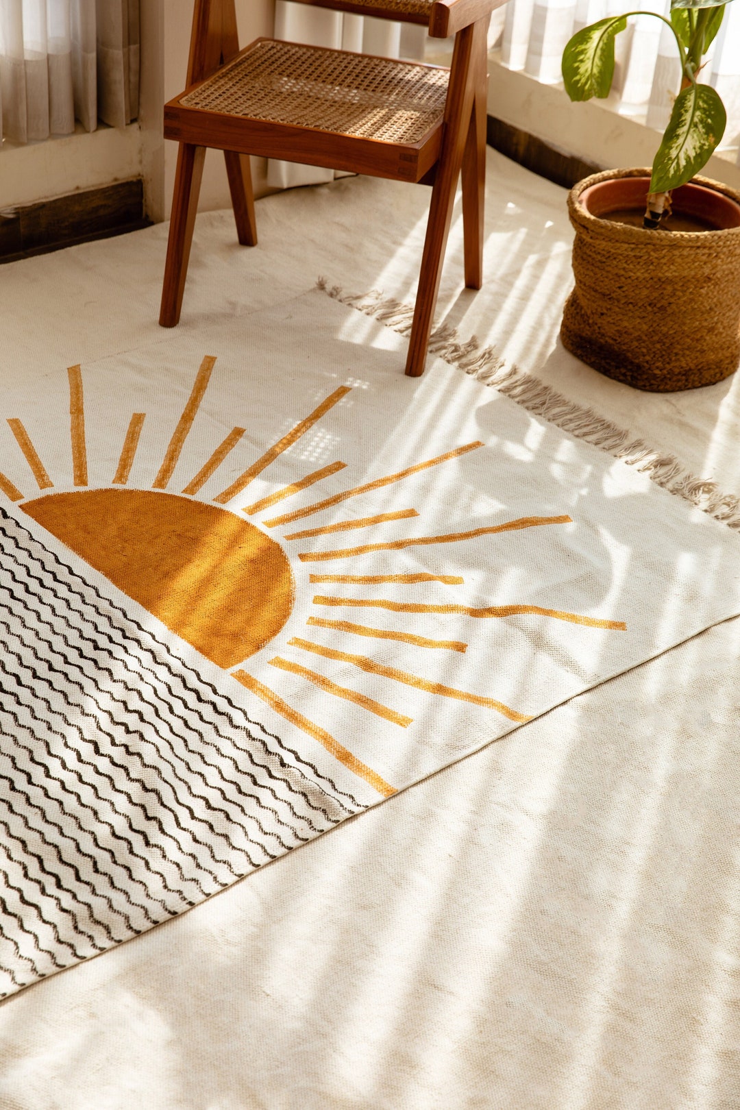 Handmade Rising Sun Rug: 4x6 Block Printed Cotton Dhurrie - Etsy