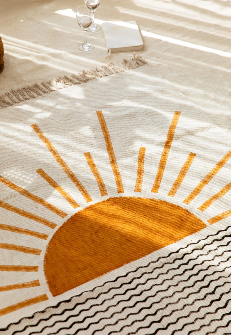Handmade Rising Sun Rug: 4x6 Block Printed Cotton Dhurrie - Etsy