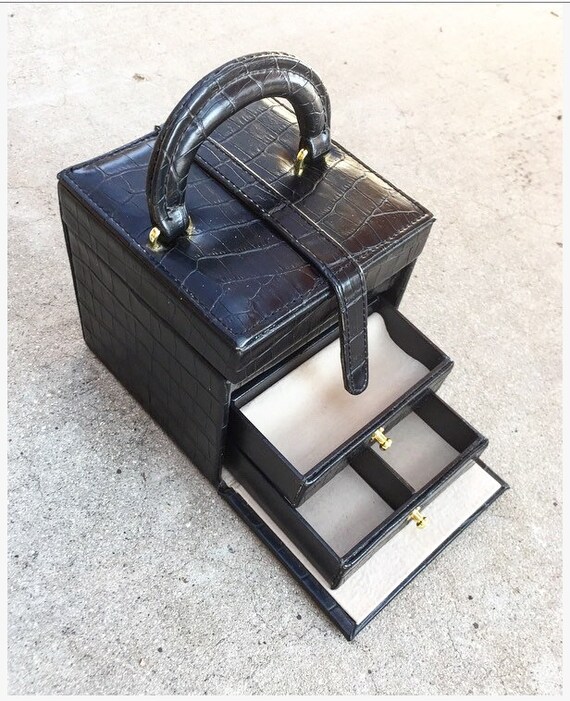 70s Train Case Leather Traveler Jewelry Storage Box /… - Gem