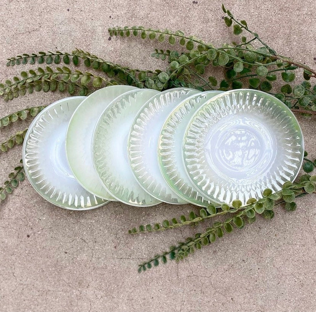 Rare 1950s 9 Piece Federal Glass Greenbrier Moon Glow Iridescent Pearl ...