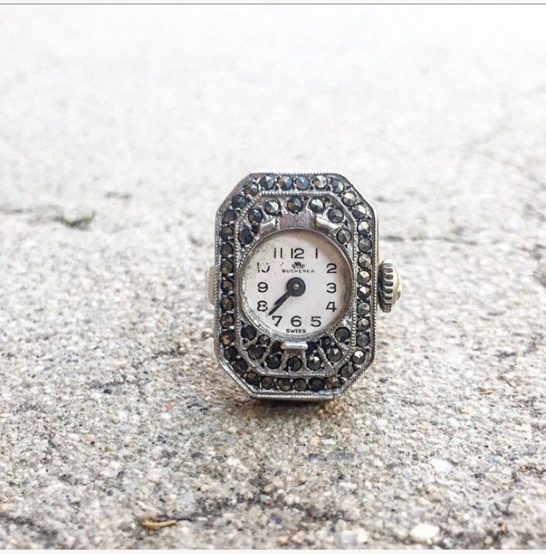 Rare 1920s Sterling Art Deco Antique Clock Ring With Marcasites Ring ...