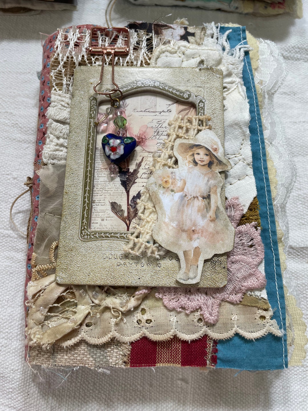 Handmade Junk Journal Little Girl on Frame Topper Blue Heart Charm ...