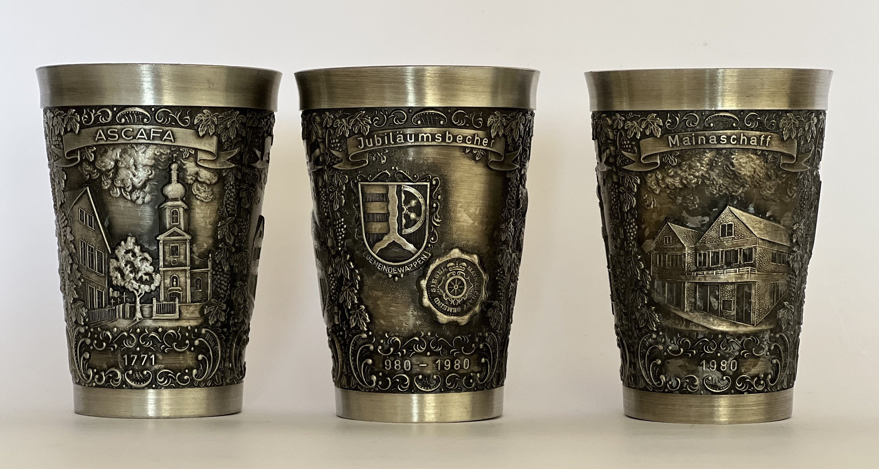 Antique Zinn-becker Embossed Pewter Cups, Three Collectible German Tin ...