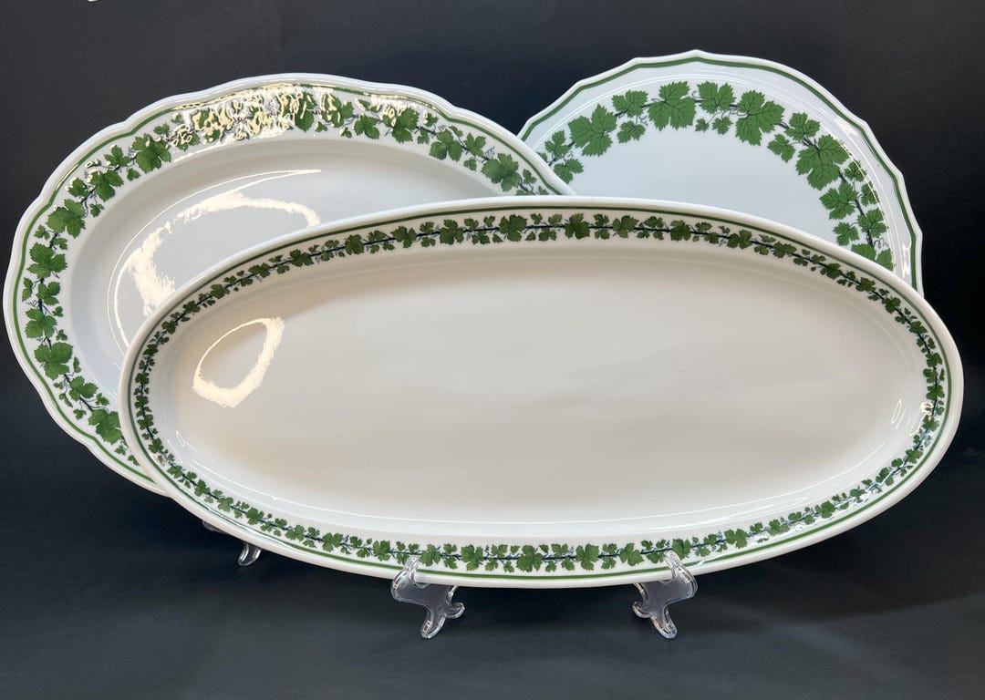 Meissen Green Ivy Large Platters & Cake Plate, Hand Painted Vine Design ...