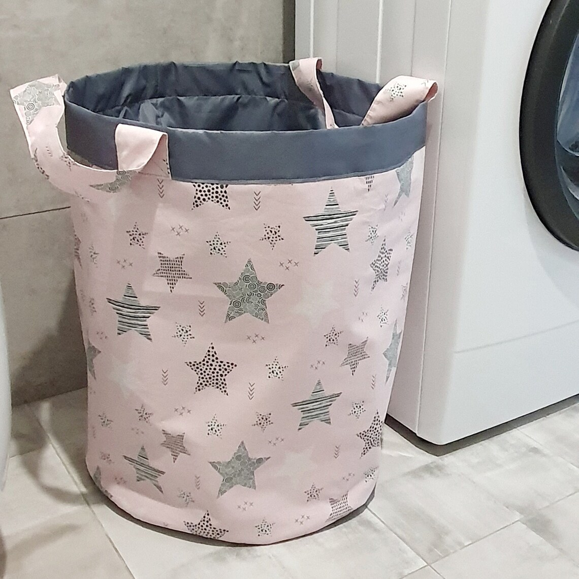 Grey Stars on Pink Storage Hamper Fabric Basket for Toys | Etsy