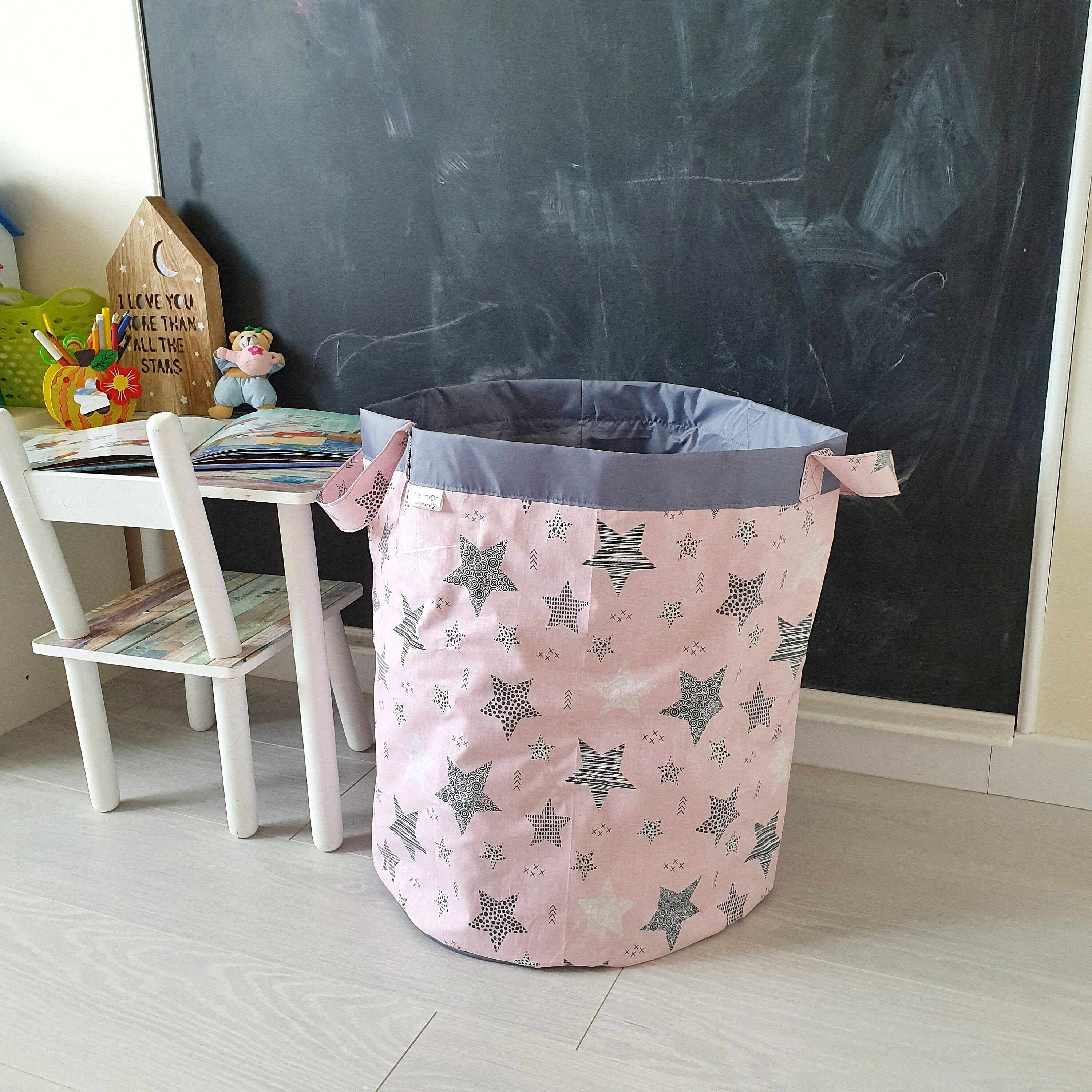 Grey Stars on Pink Storage Hamper Fabric Basket for Toys | Etsy