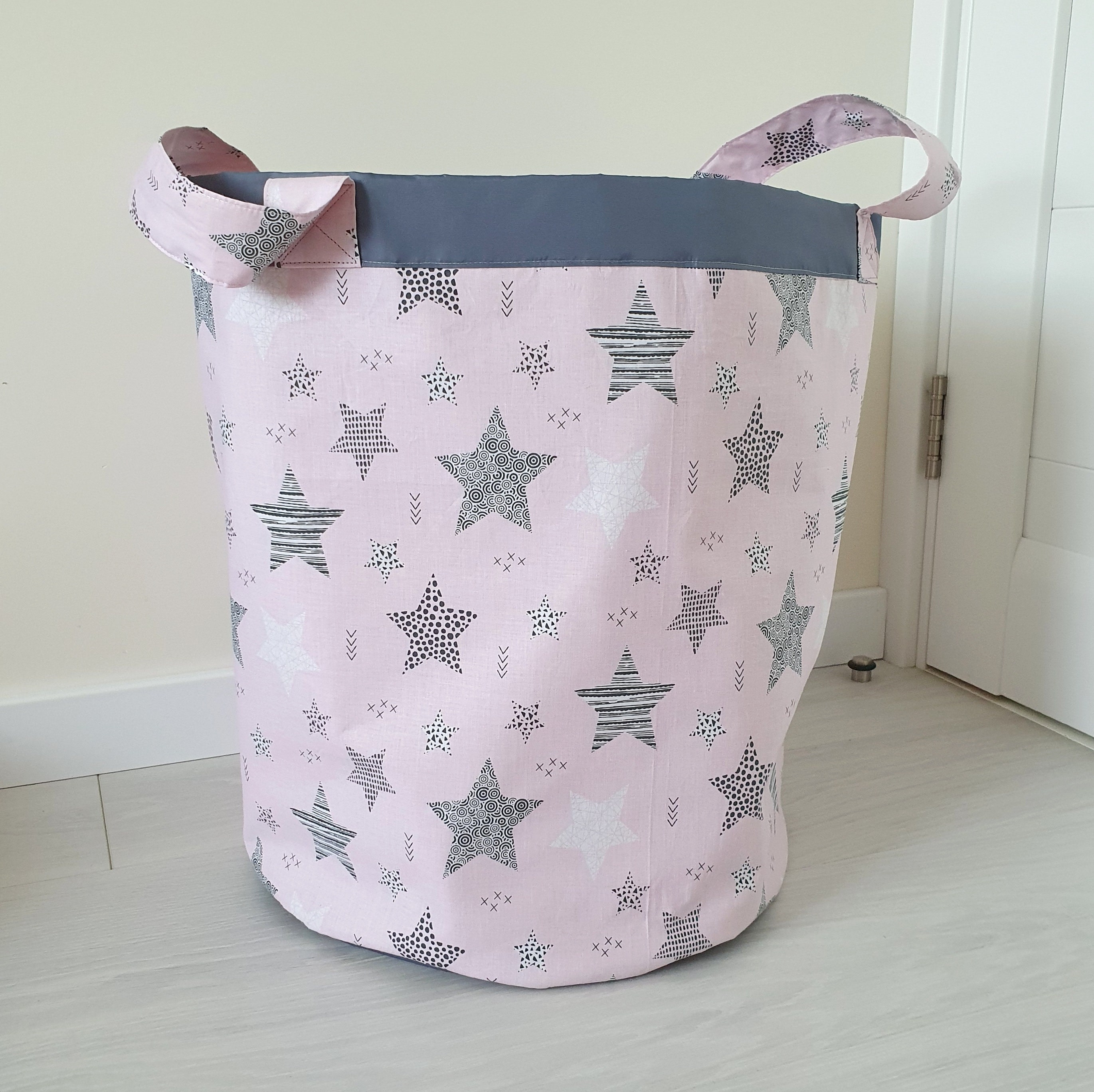 Grey Stars on Pink Storage Hamper Fabric Basket for Toys | Etsy