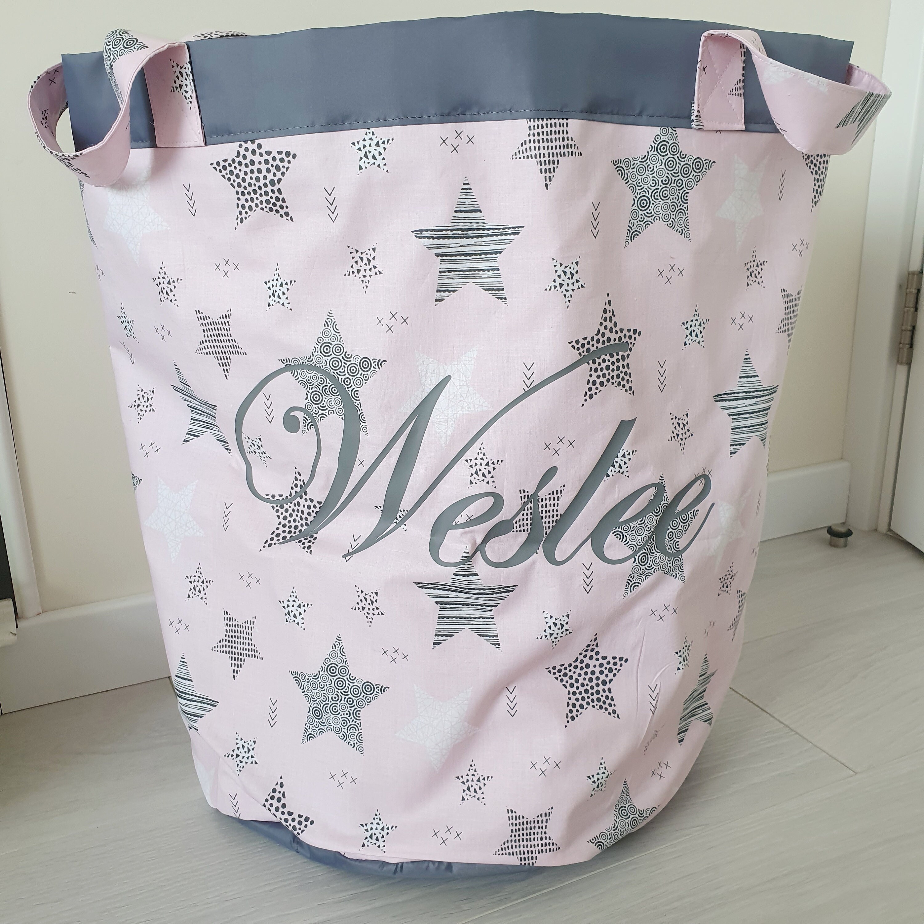 Grey Stars on Pink Storage Hamper Fabric Basket for Toys | Etsy