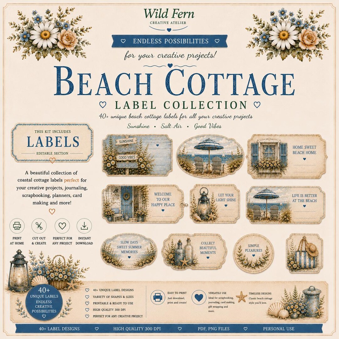 Beach Cottage Labels Printable | Coastal Junk Journal Labels | Vintage ...